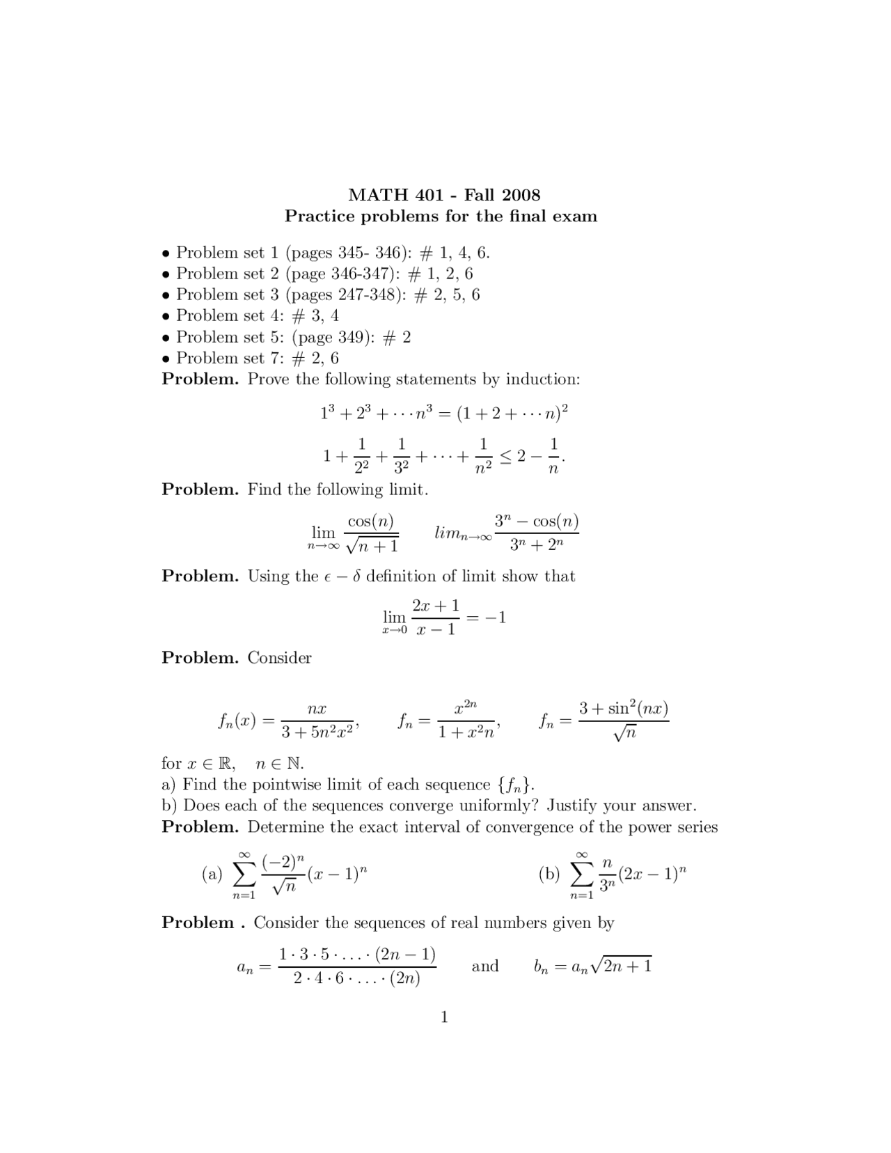 Practice Problems For The Final Exam Introduction To Analysis I