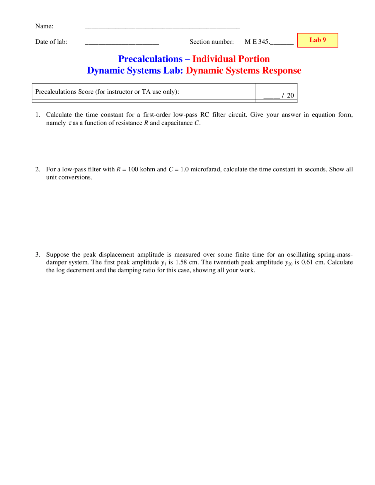 Dynamic Systems Lab Dynamic Systems Response M E 345 Docsity