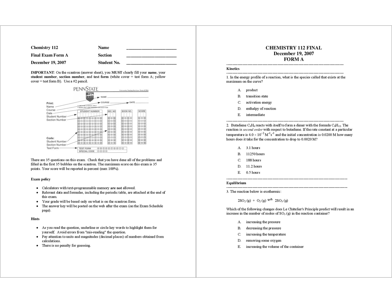 Chemical Principles II - Final Exam A | CHEM 112 - Docsity