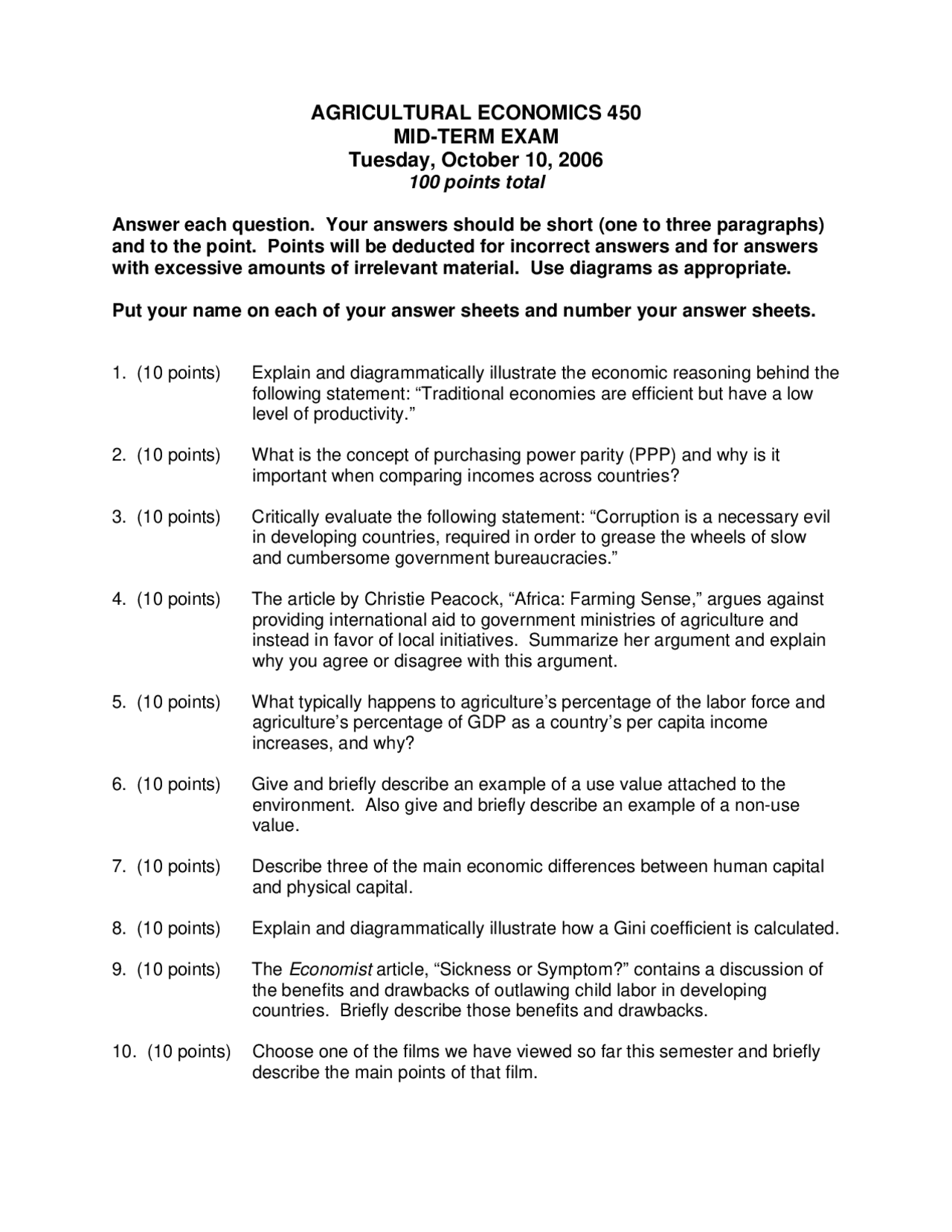 Midterm Exam Questions - Agricultural Economics | AG EC 450 | Exams ...