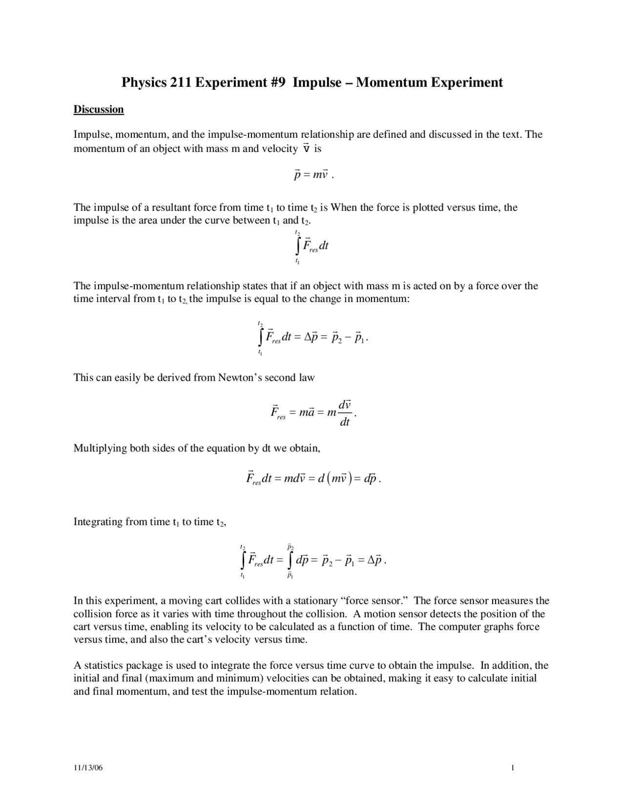Impulse and Momentum - Lab Experiment 9 | PHYS 211 | Lab Reports ...
