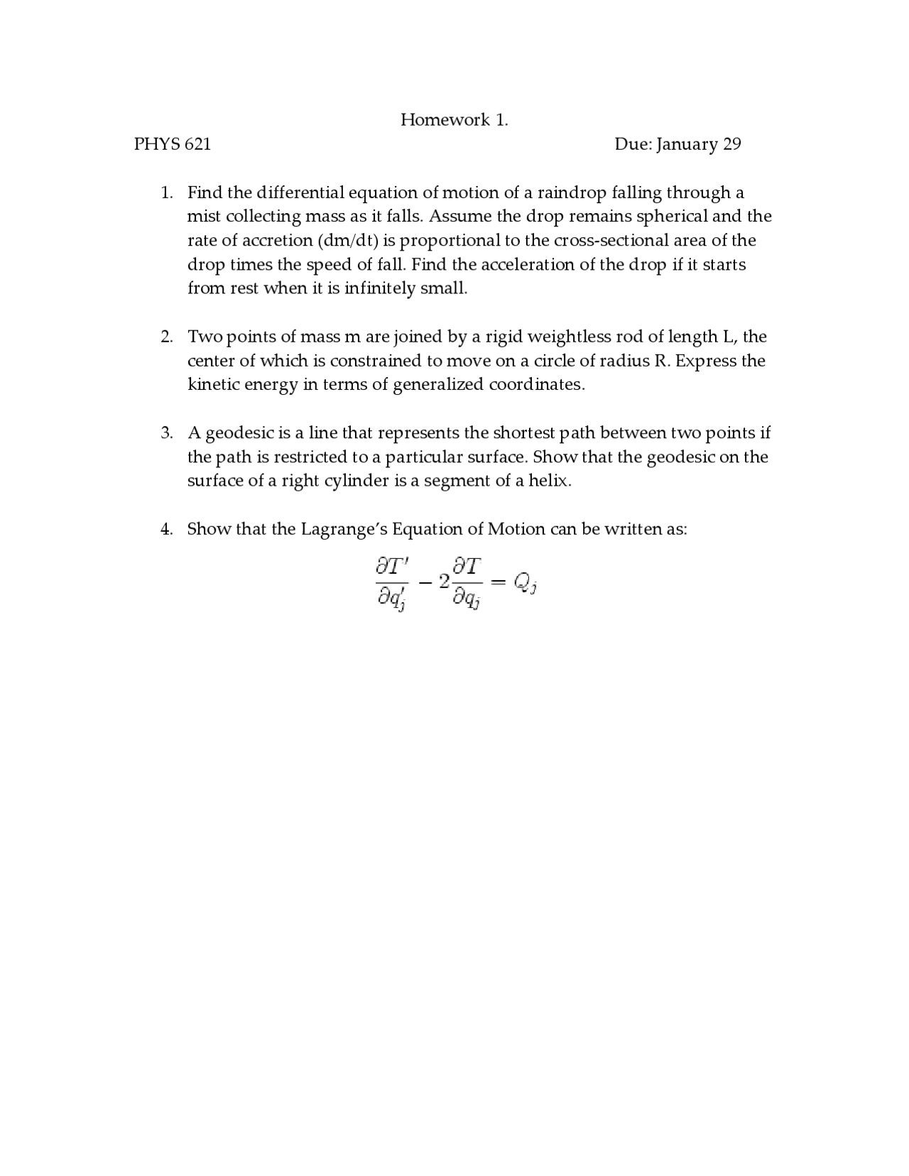 Homework 1 Questions - Classical Mechanics | PHYS 621 | Assignments Mechanics | Docsity