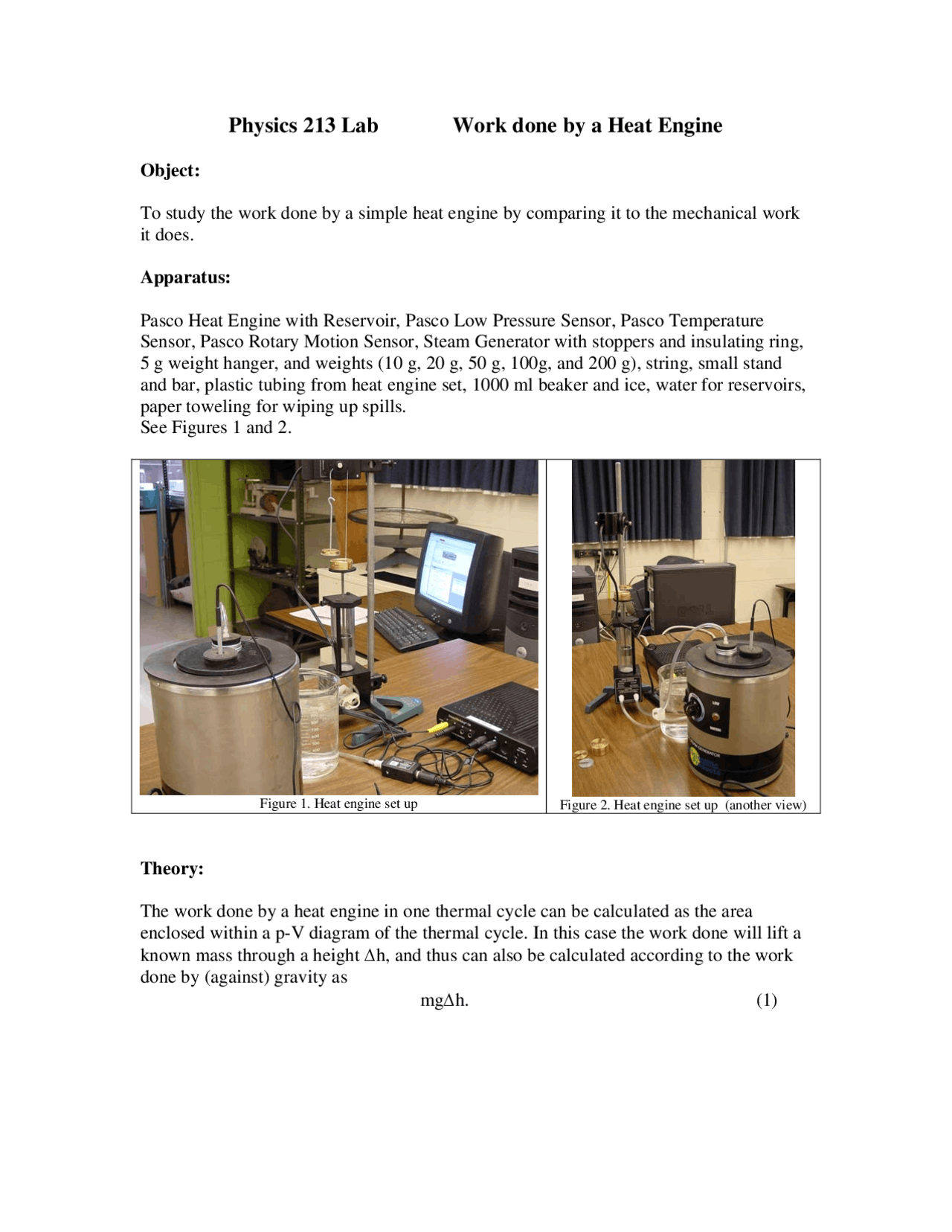 The Work done by the Heat Engine - Experiment | PHYS 213 - Docsity