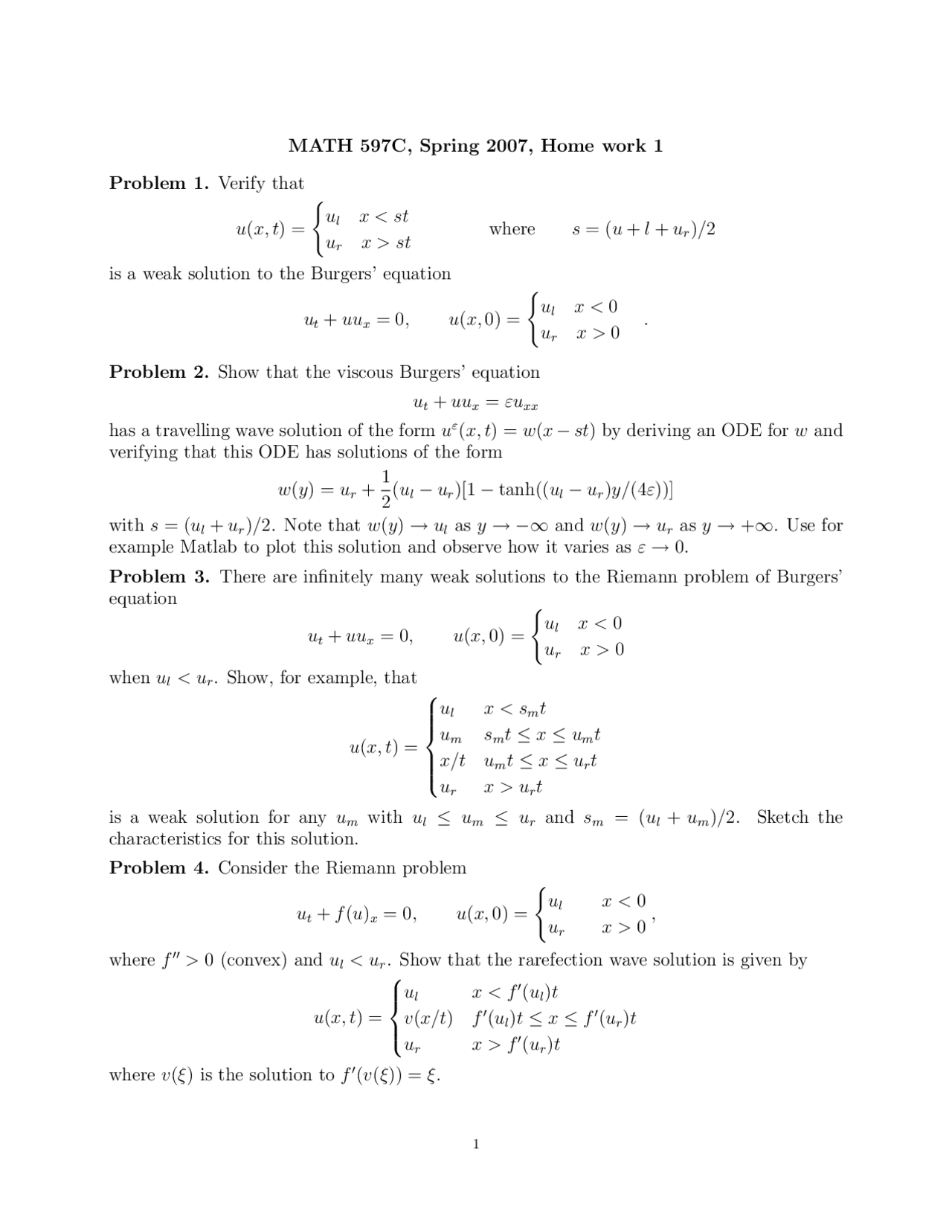 4 Solved Problems Viscous Burger Equations Homework Math 597c Docsity