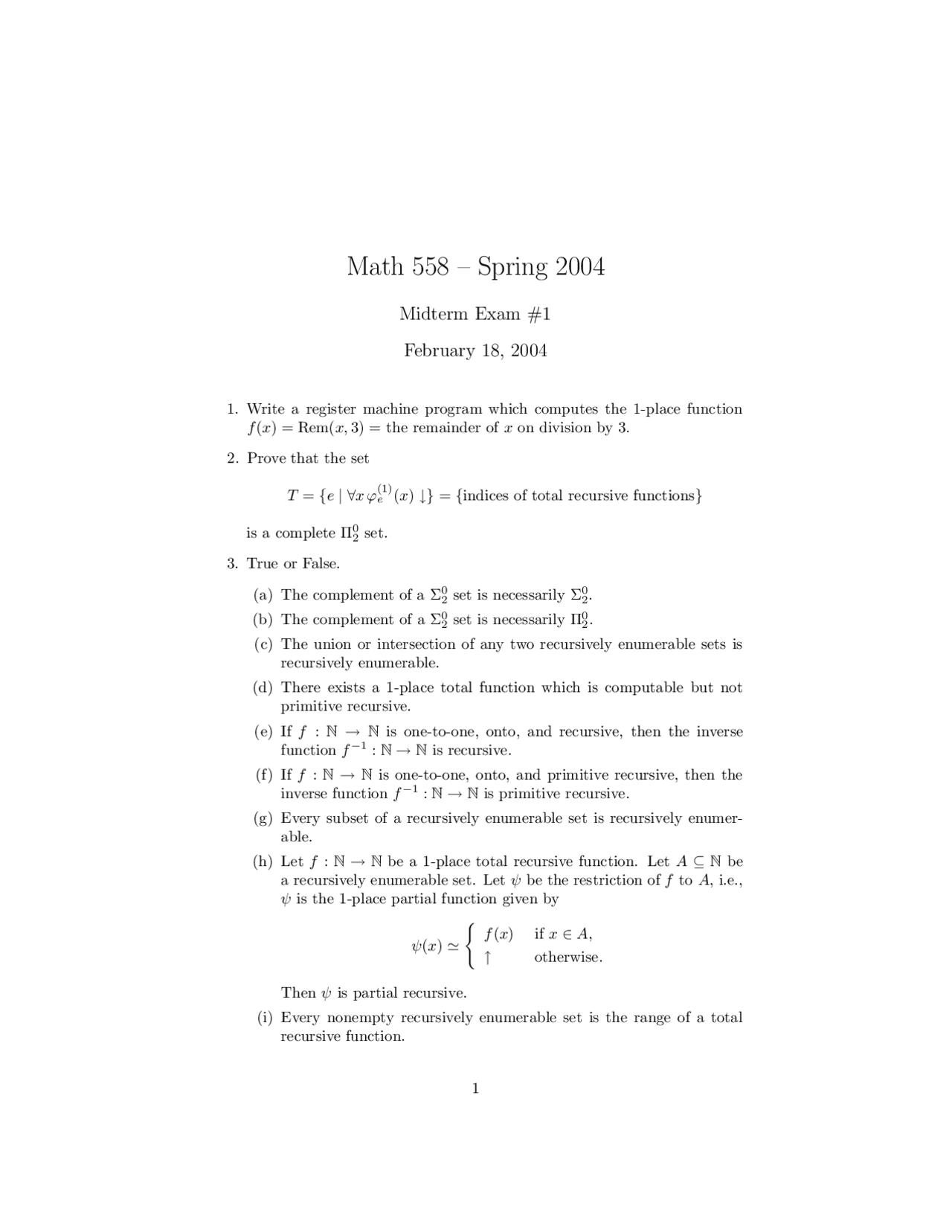Midterm Exam 1 Questions Foundations Of Mathematics I Math 558
