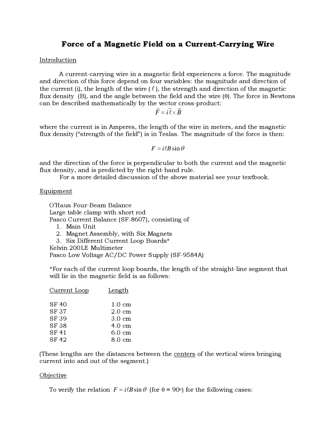 Force of a Magnetic Field on a Current Carrying Wire | PHYS 212 - Docsity
