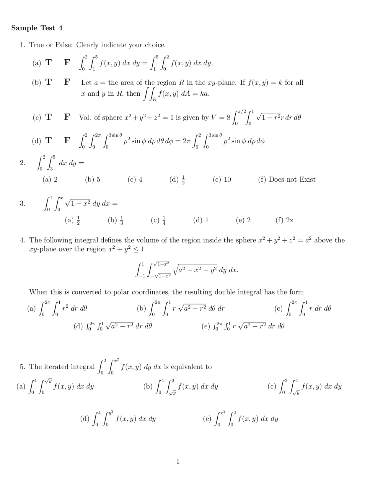Calculus And Vector Analysis Sample Test 4 Math 230 Docsity