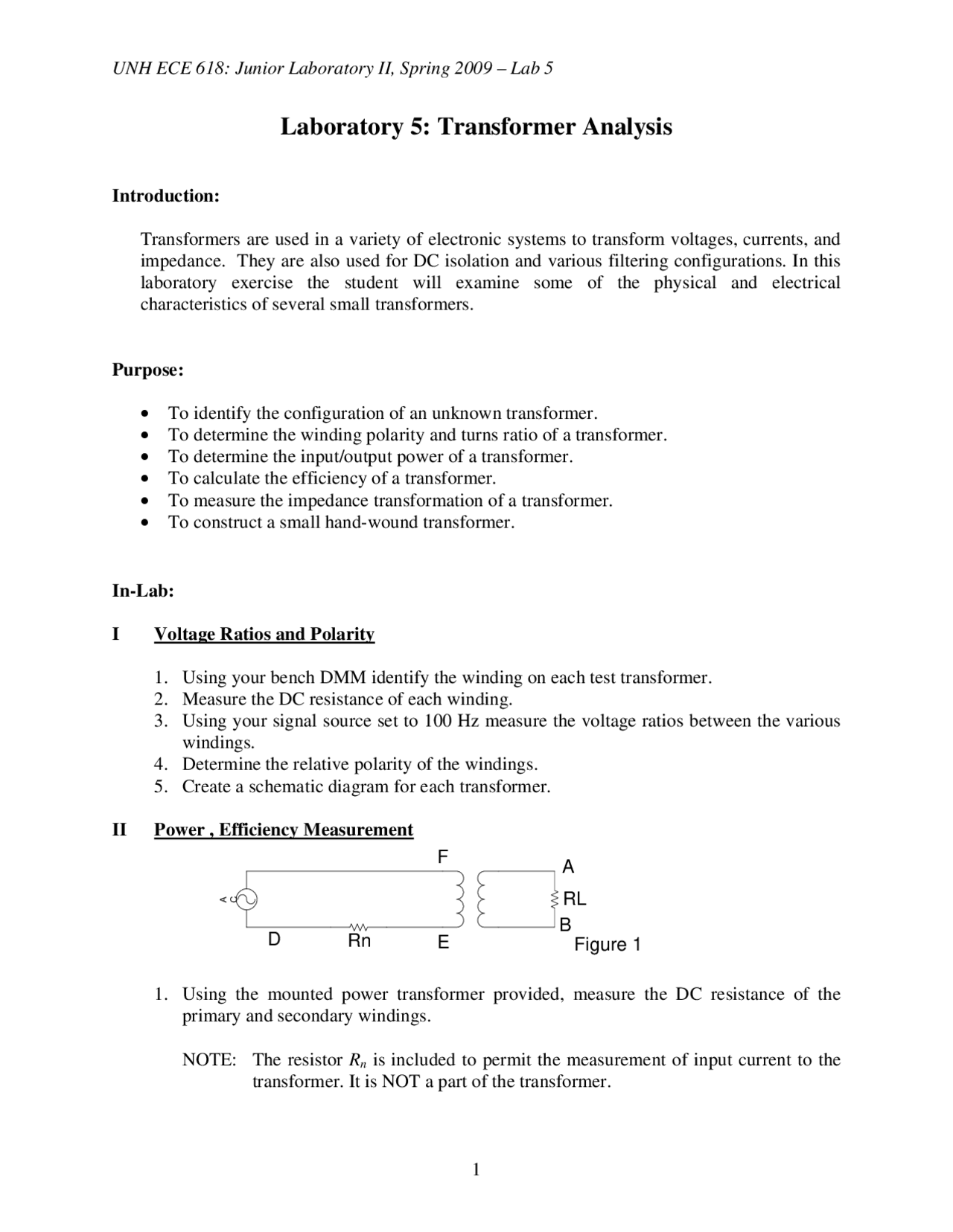 Transformer Analysis Laboratory Five Ece 618 Docsity
