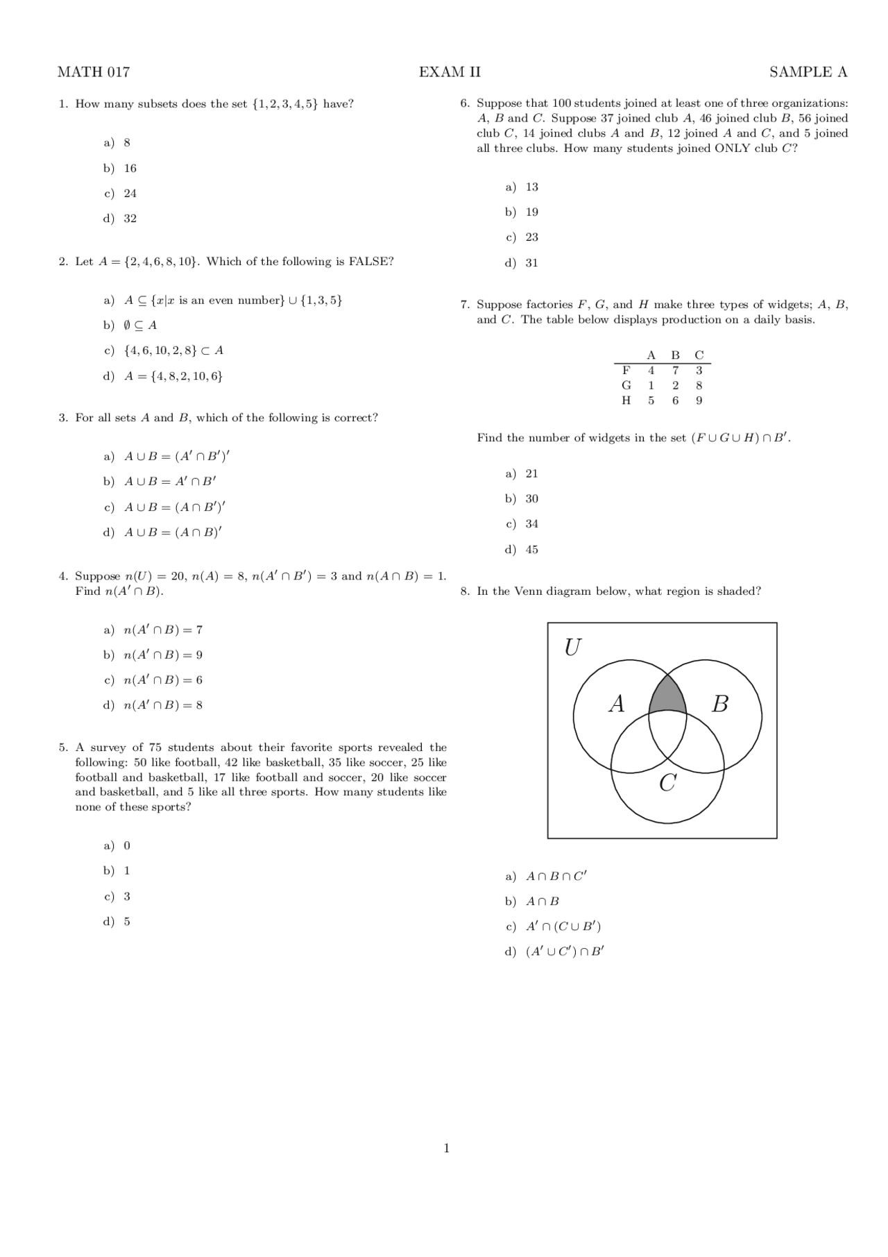 Exam Ii Sample A Questions Finite Mathematics Math 017 Docsity