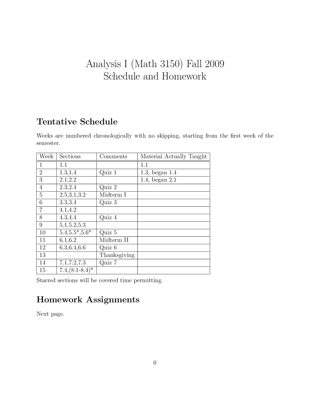 Schedule and Homework - Analysis I | MATH 3150 - Docsity