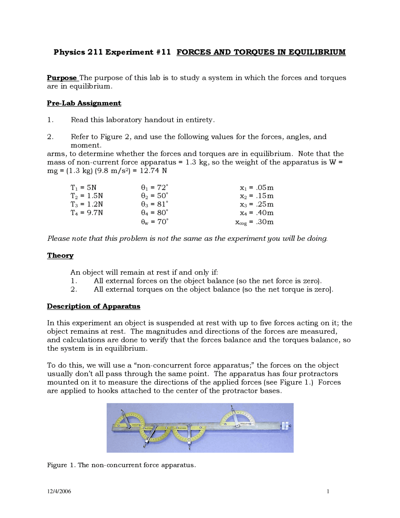 Forces and Torque in Equilibrium in Mechanics - Experiment 11 | PHYS ...