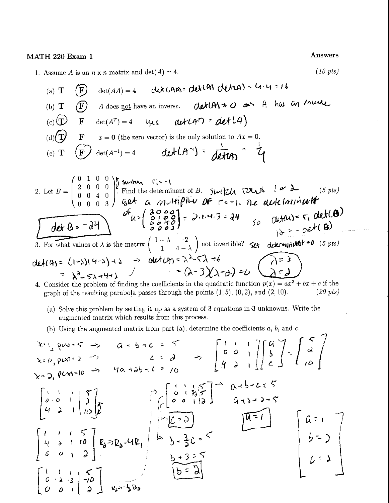 Exam 1 Questions With Solutions Matrices Math 220 Docsity