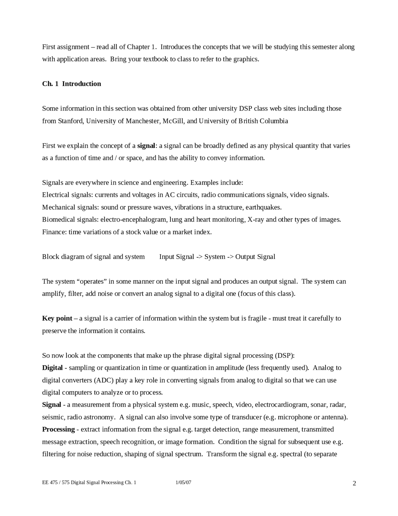 Digital Signal Processing Lecture Notes Ee 475 Docsity