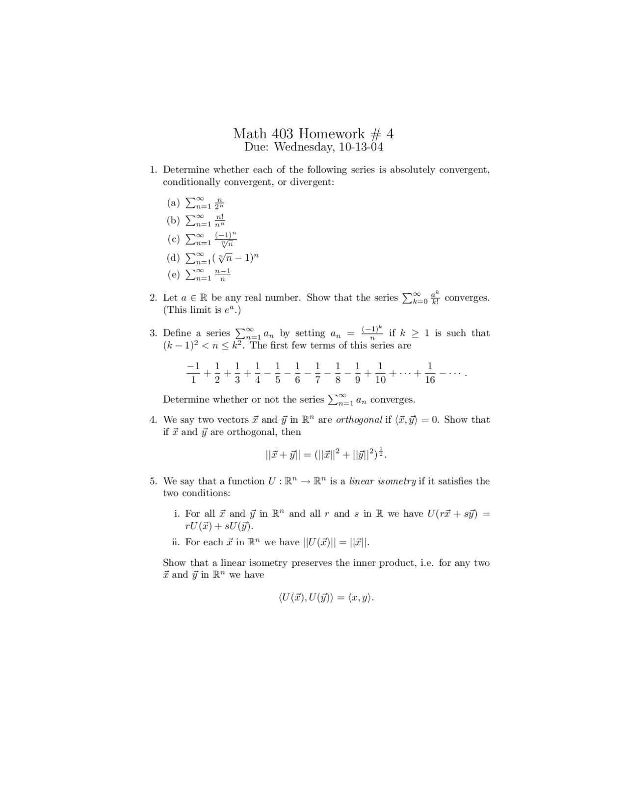 Classical Analysis I Homework 4 With 5 Practice Problems Math 403