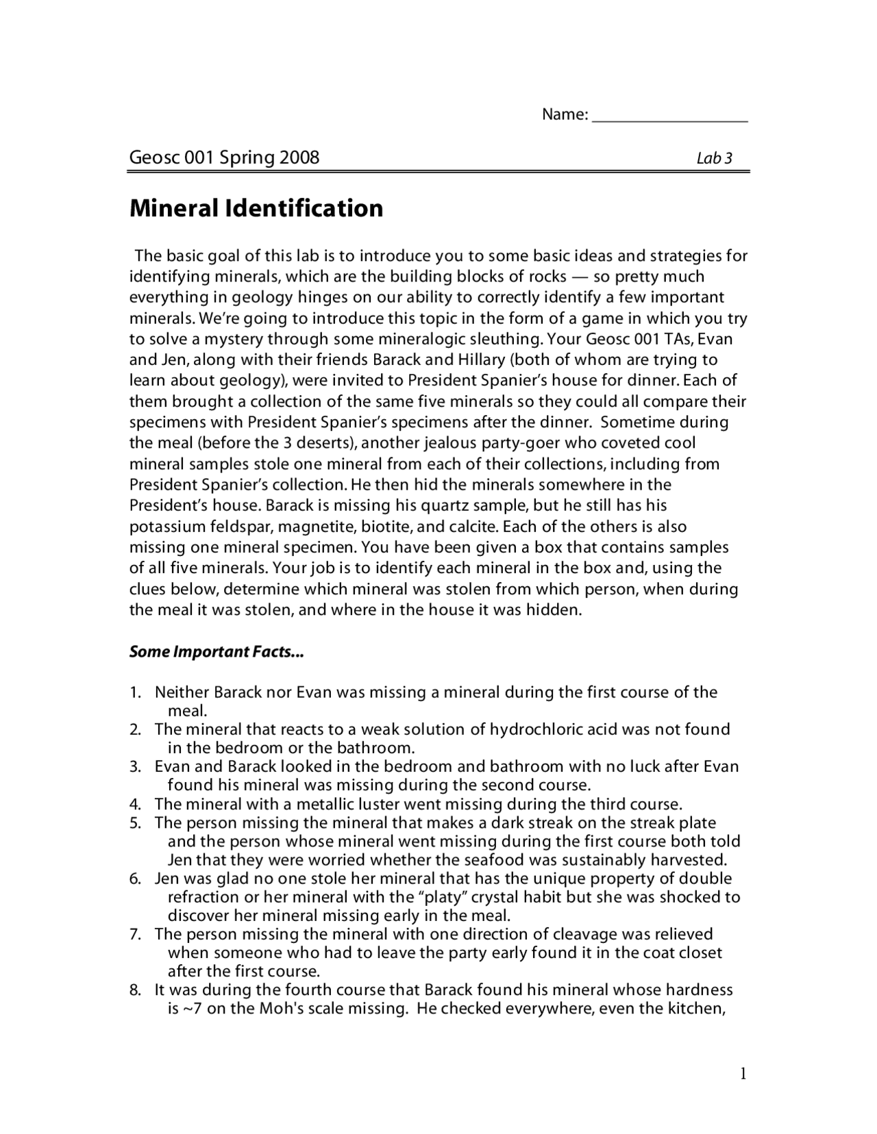 Mineral Identification Of Physical Geology Lab 3 Geosc 001 Docsity