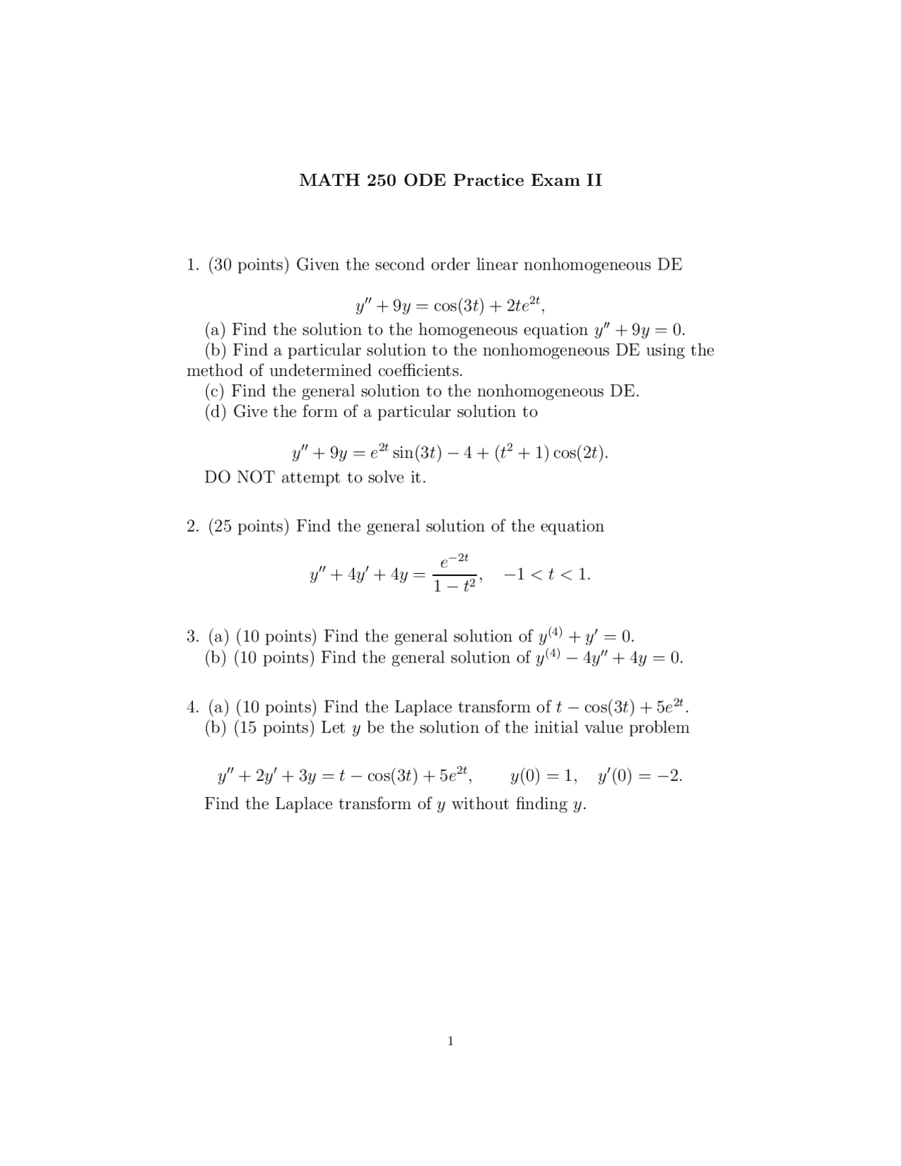 Ordinary Differential Equations Practice Exam Math 250 Docsity