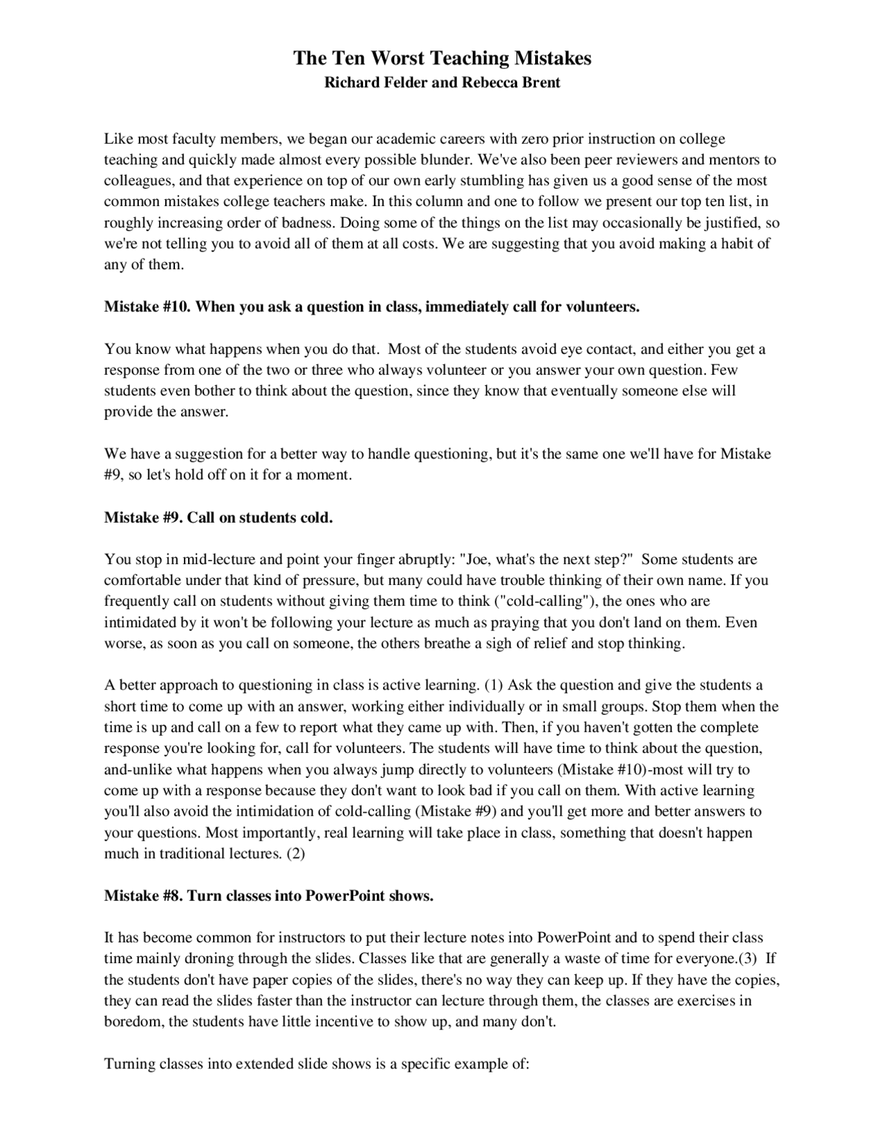 The Ten Worst Teaching Mistakes of Principal college Teaching - Lecture ...