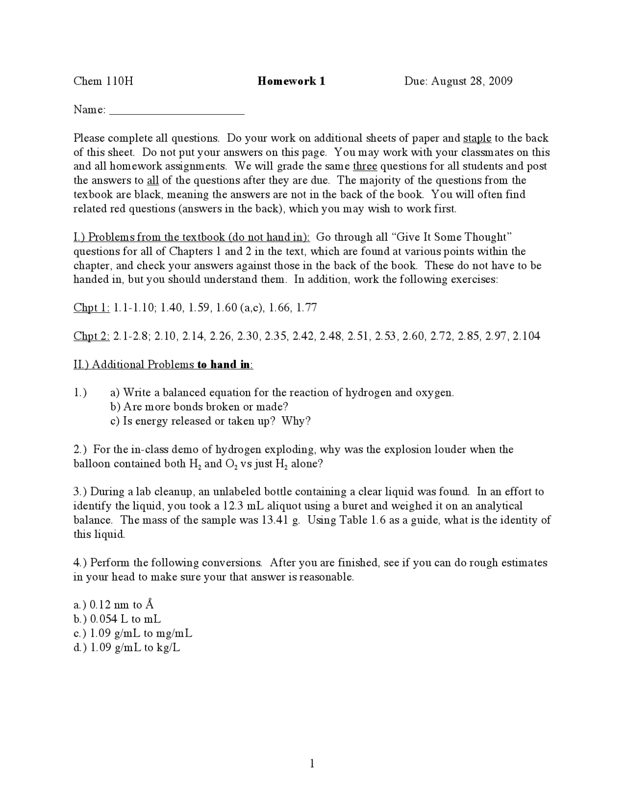 Homework 1 For Chemical Principles 1 Honors Chem 110h Docsity
