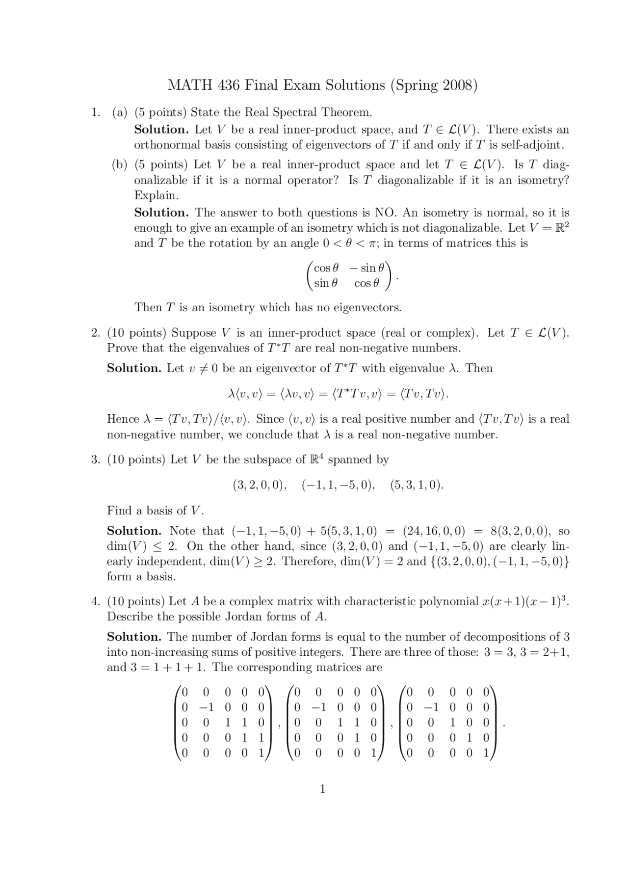 Final Exam Solutions for Linear Algebra | MATH 436 | Exams Linear ...