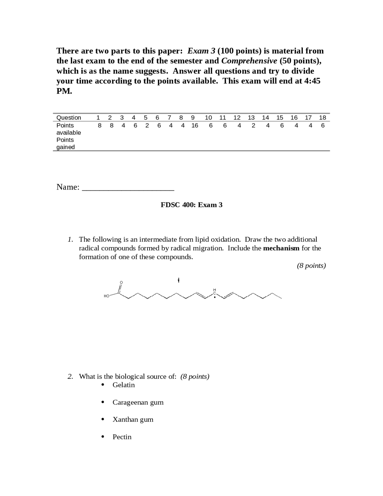 Practice Questions for Exam 3 - Food Chemistry | FD SC 400 | Exams Food ...