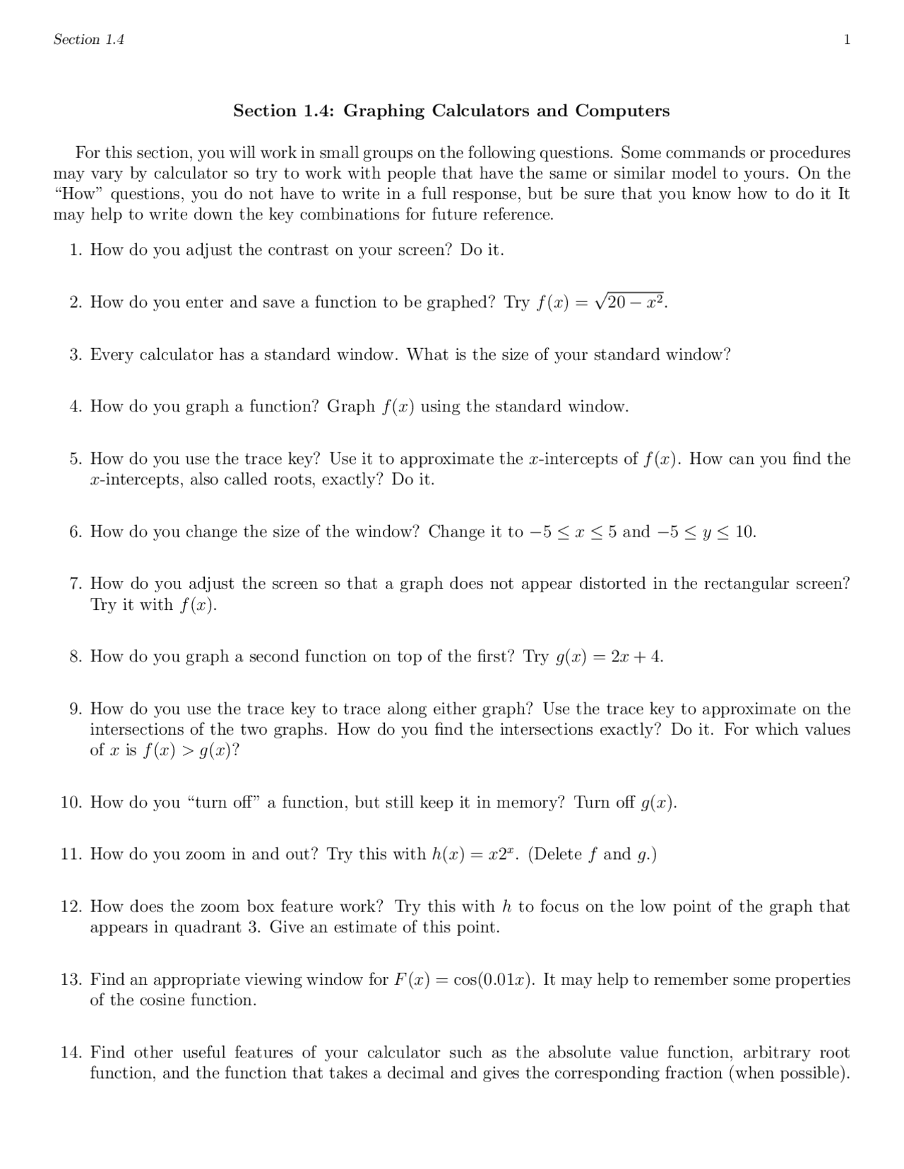 Graphing Calculators And Computers Calculus Ia Math 1125 Docsity