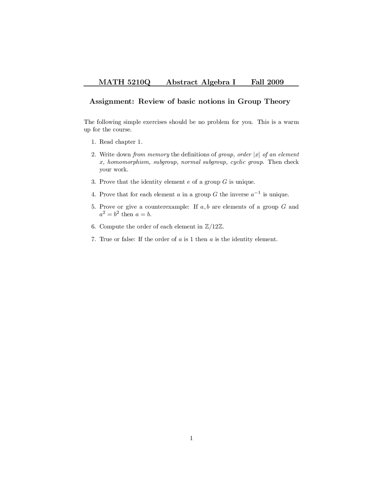 Abstract Algebra I - Review of Basic Notions in Group Theory | MATH ...