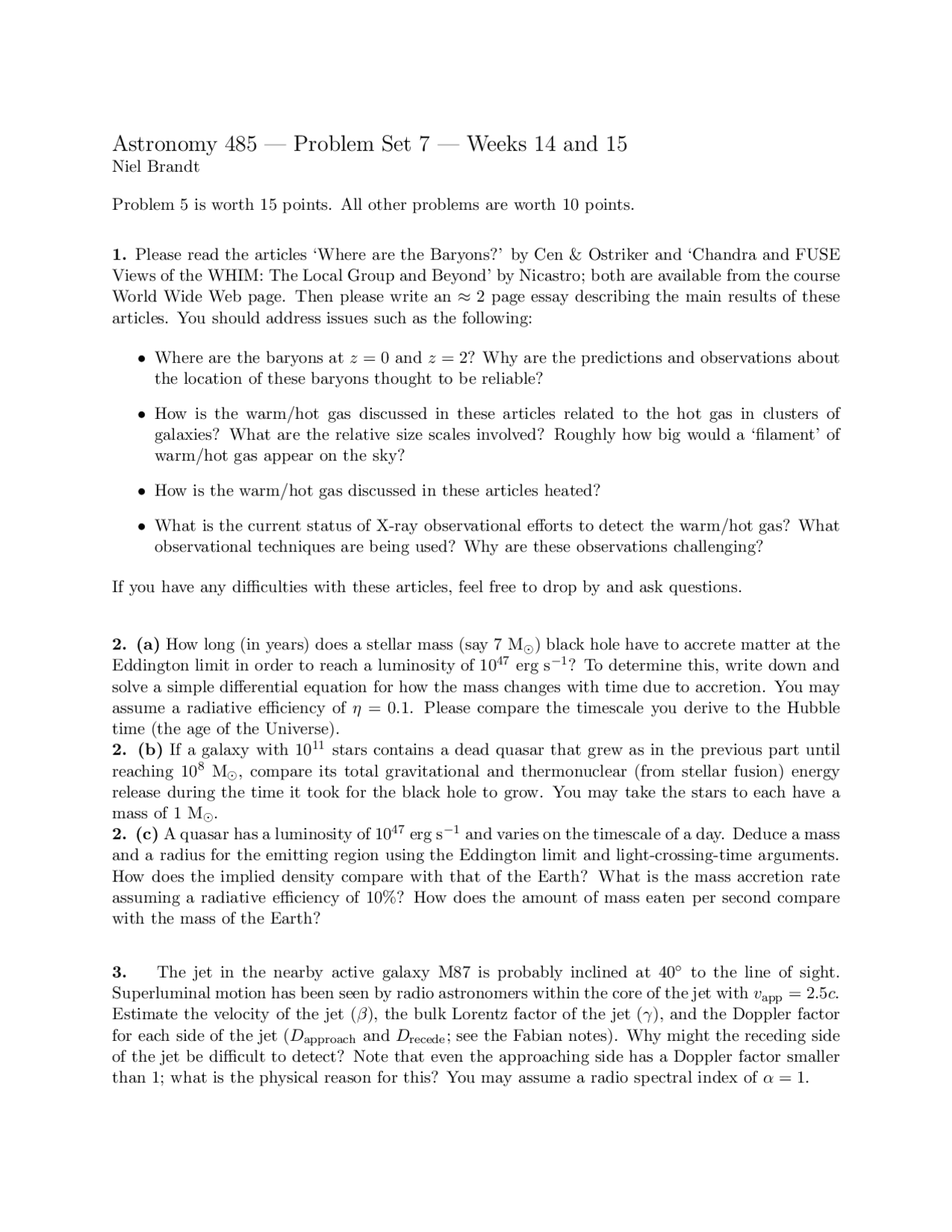 Introduction To High Energy Astronomy Problem Set 7 Astro 485 Docsity