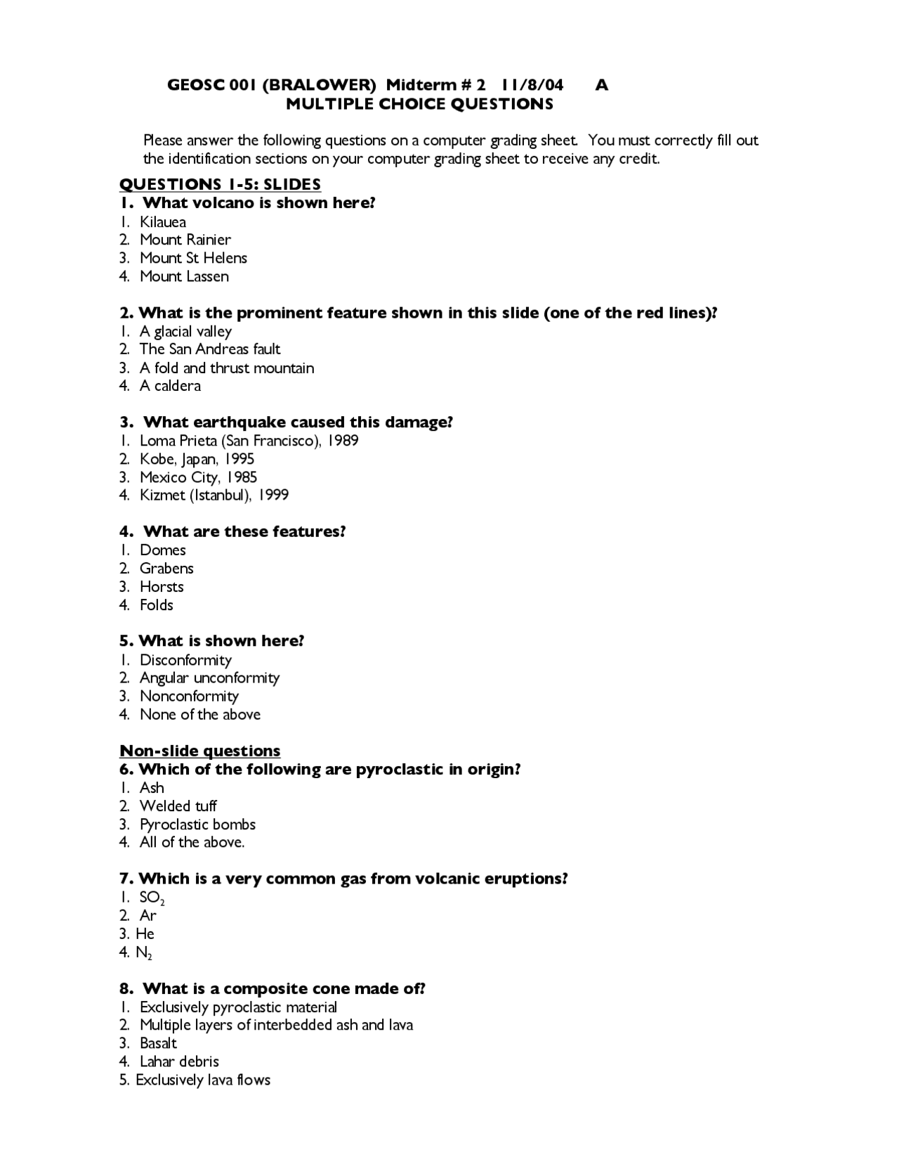 60 Multiple Choice Questions On Physical Geology Examination 2