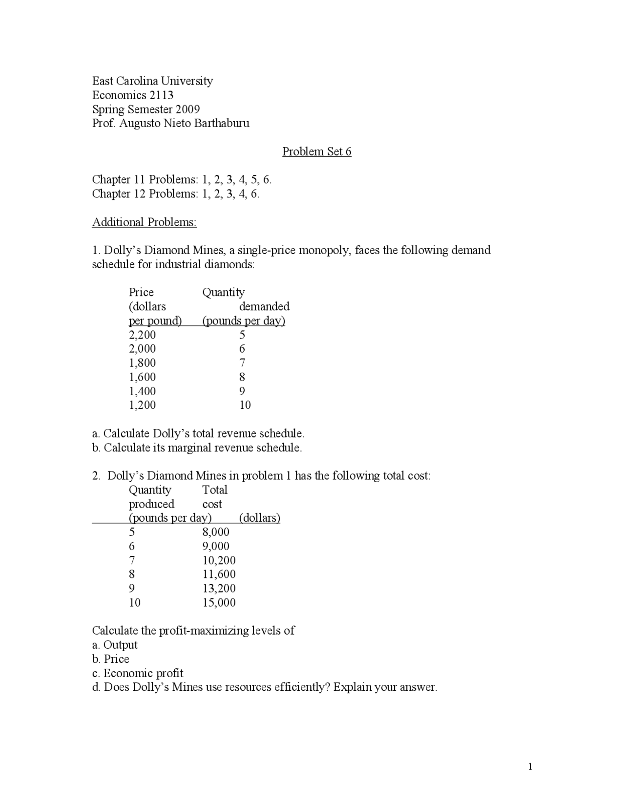 Problem Set #6 - Principles of Microeconomics | ECON 2113 - Docsity