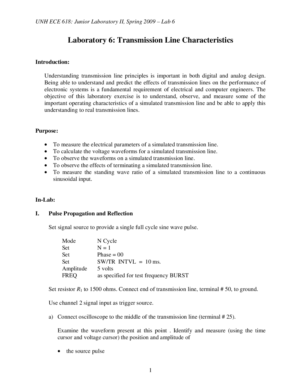 Lab Six Transmission Line Characteristics Ece 618 Docsity