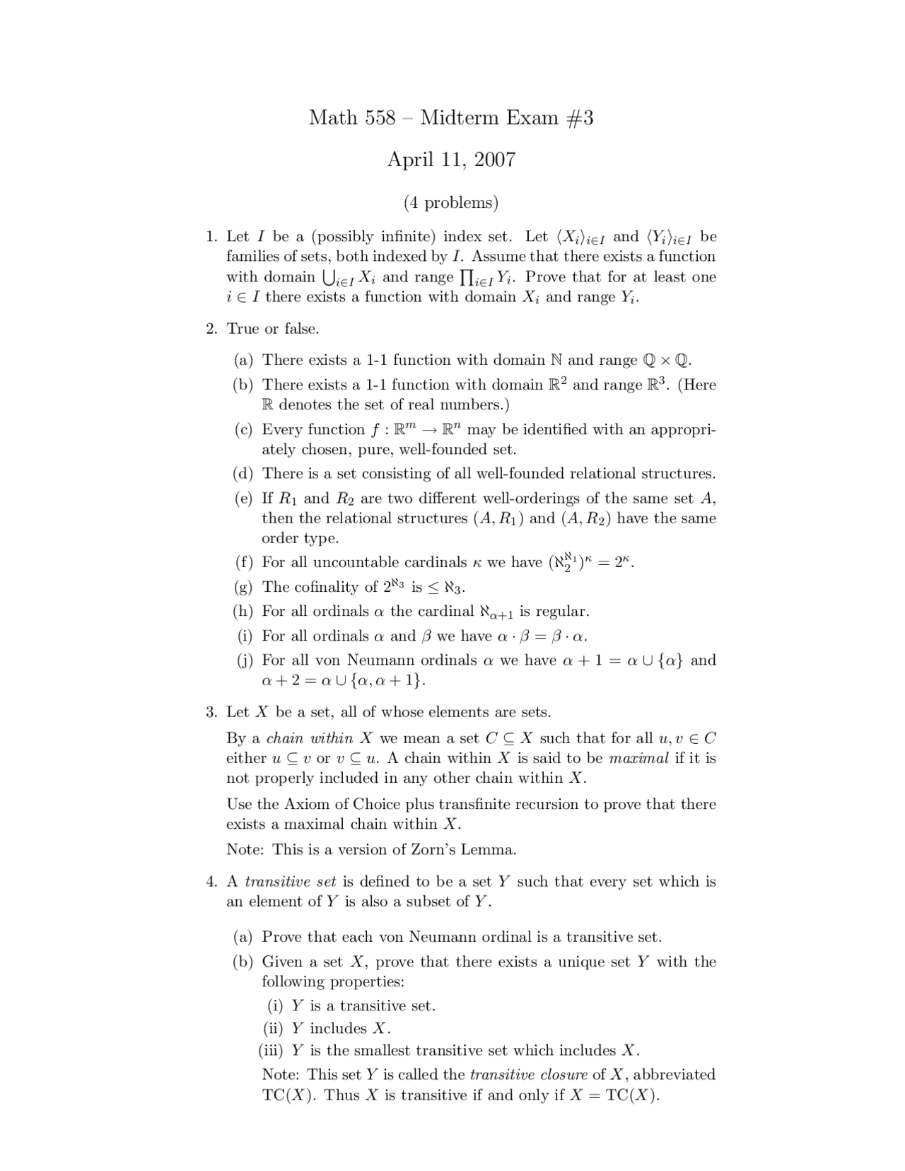 Midterm Exam 3 Foundations Of Mathematics I Fall 2007 Math 558 Docsity
