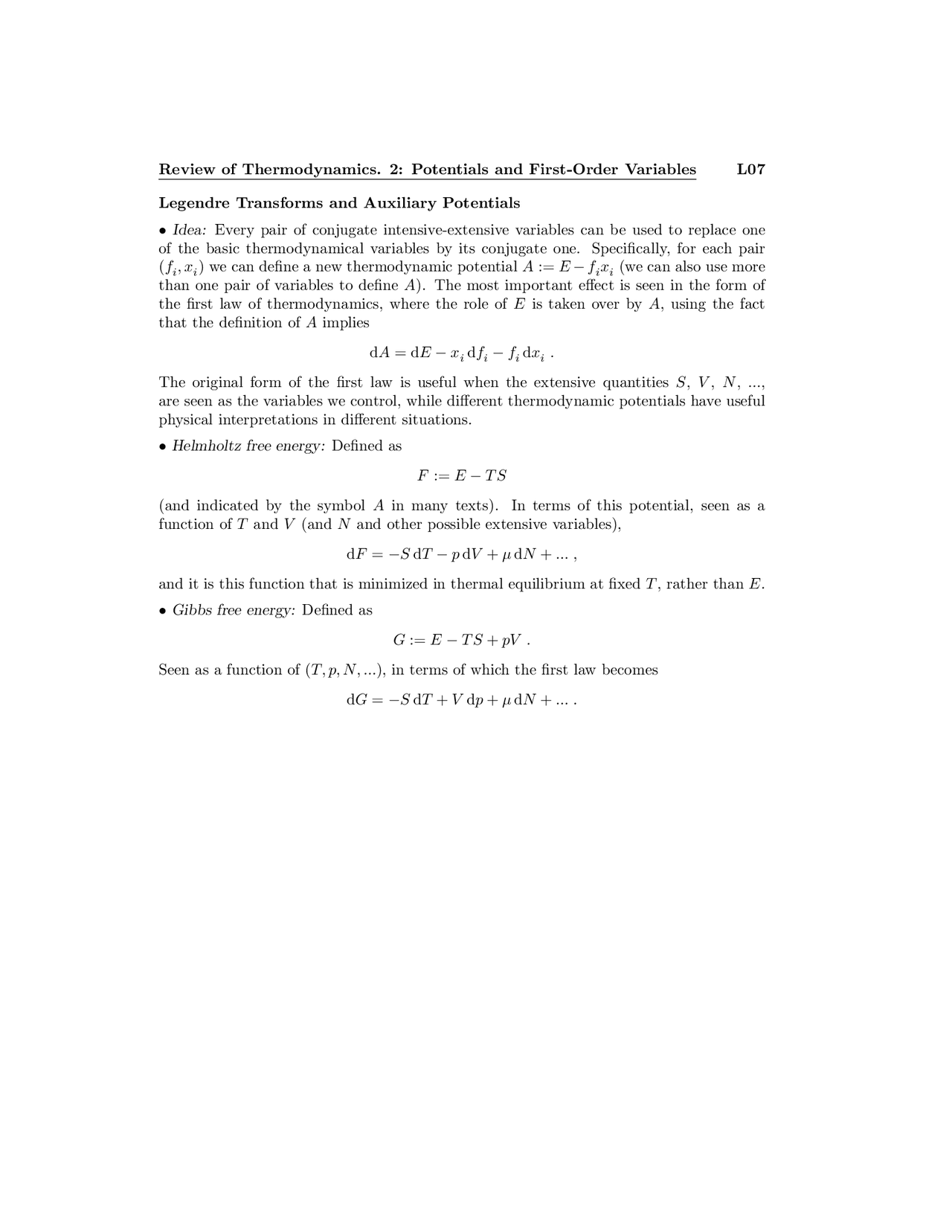 Notes On Review Of Thermodynamics 2 Potentials And First Order