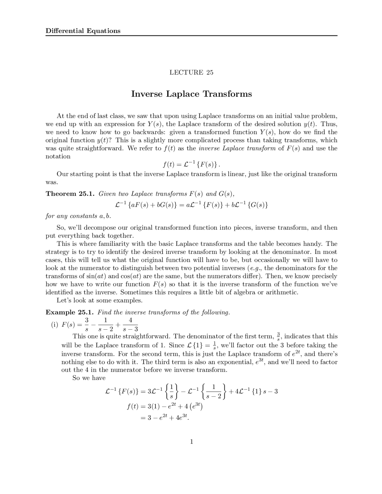Inverse Laplace Transforms Lecture Notes Math 251 Docsity
