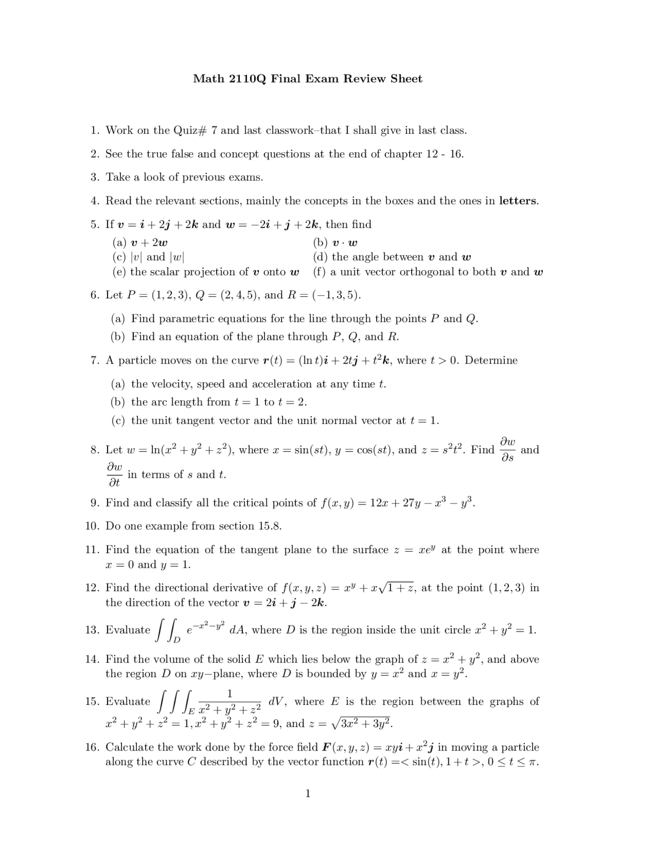 Final Exam Review Sheet For Multivariable Calculus Math 2110 Docsity