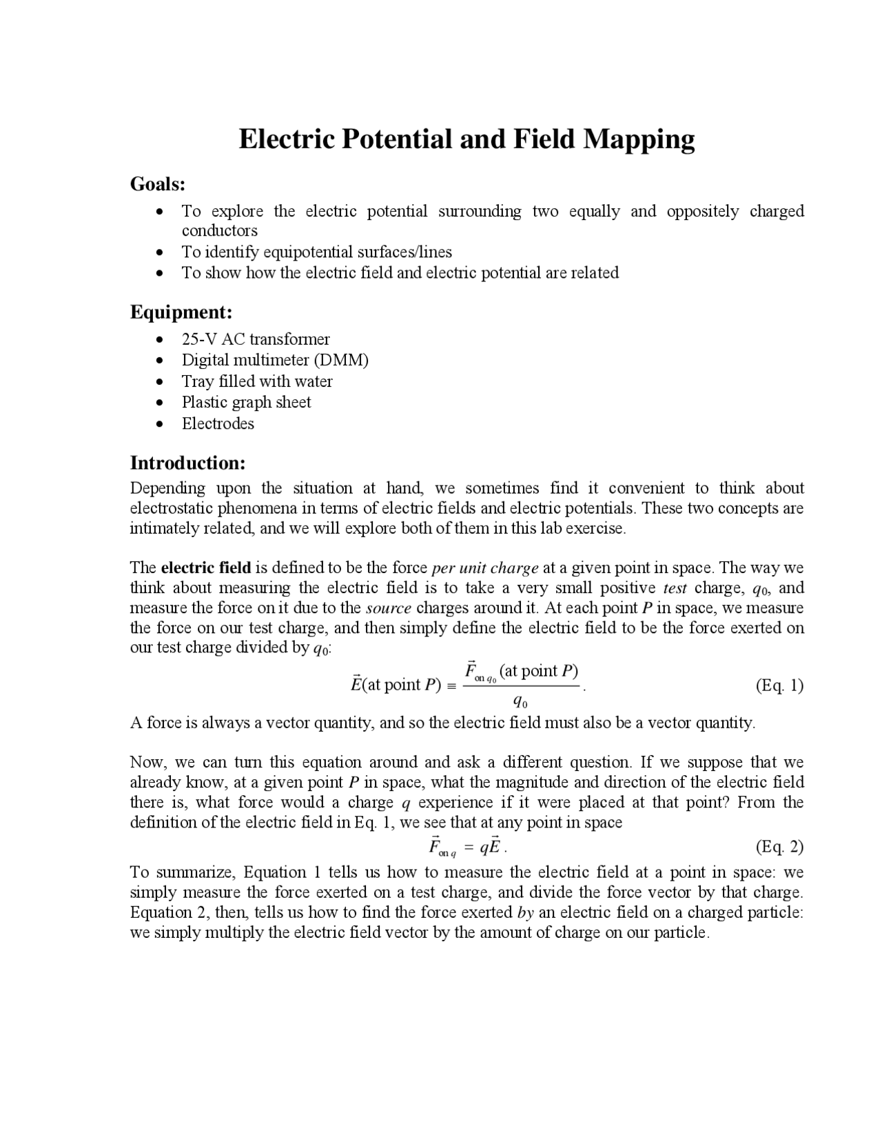 Electric Potential And Field Mapping Laboratory Experiment Phys 251