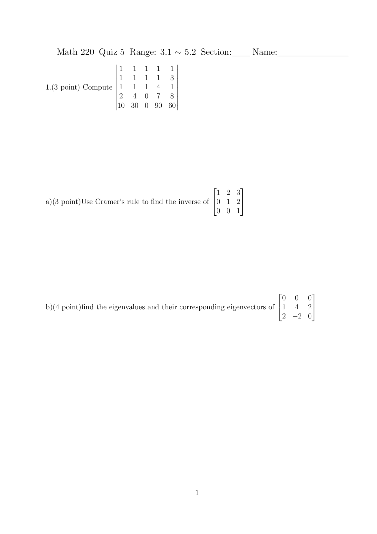 Quiz 5 Problems Matrices And Linear Algebra Math 220 Docsity
