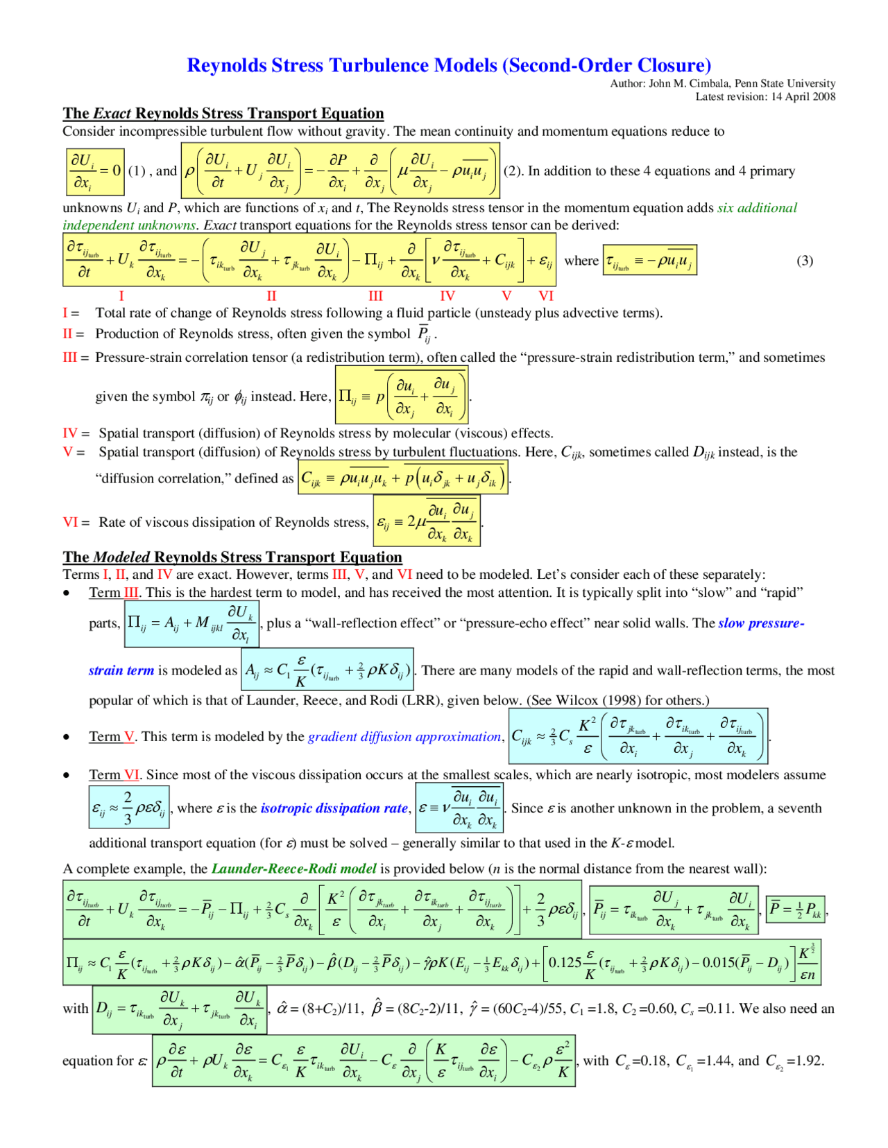 Reynolds Turbulence Model - Foundations of Fluid Mechanics I | M E 521 - Docsity