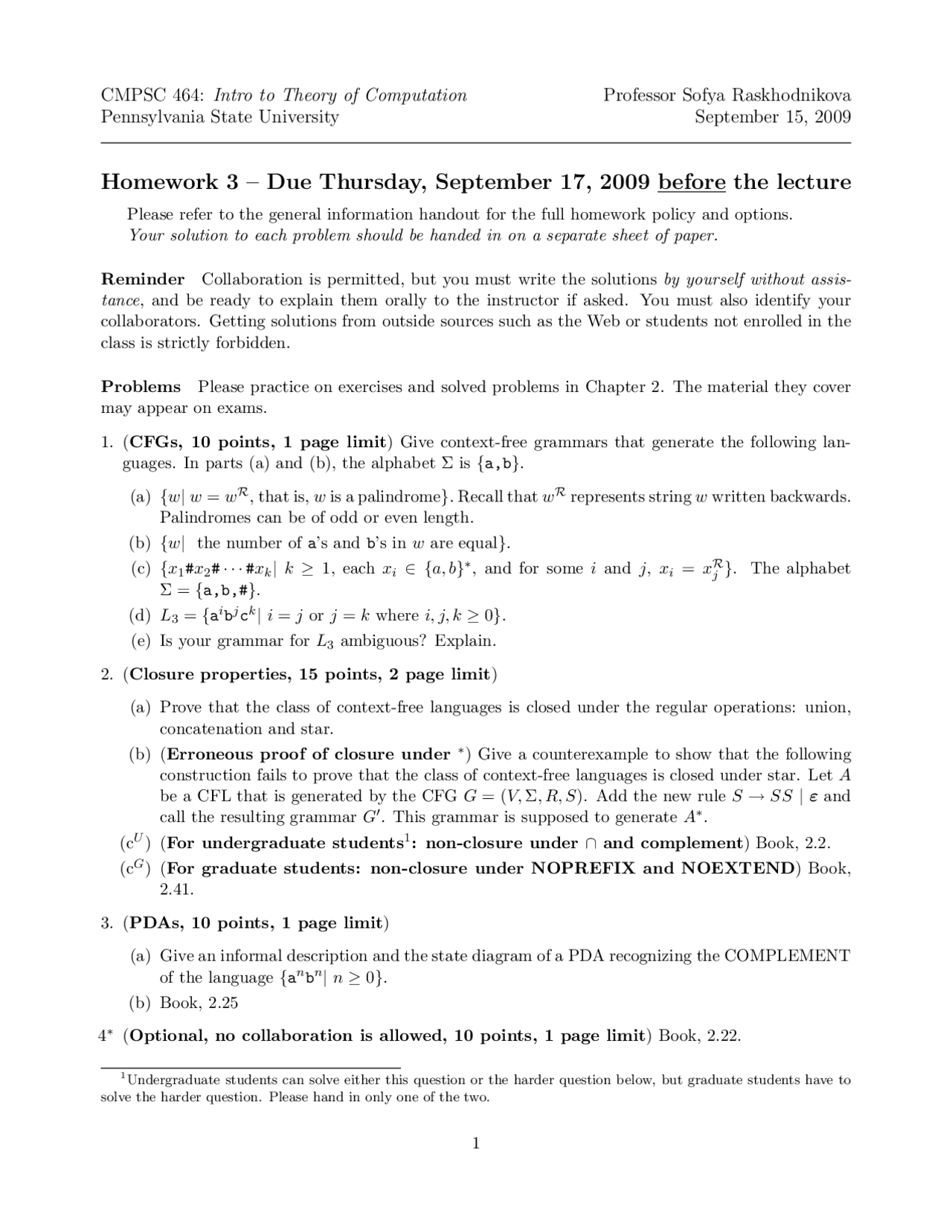 Homework 3 Introduction To The Theory Of Computation Cmpsc 464 Docsity