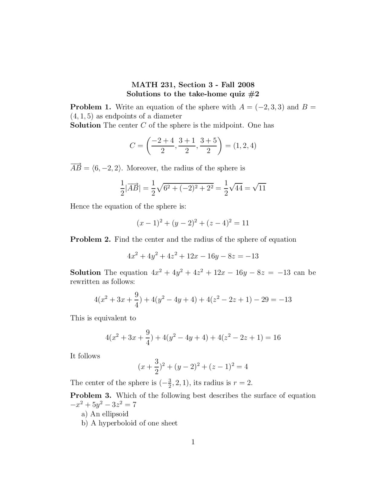 Solution to Take Home Quiz - Calculus of Several Variables | MATH 231 | Quizzes Mathematics ...