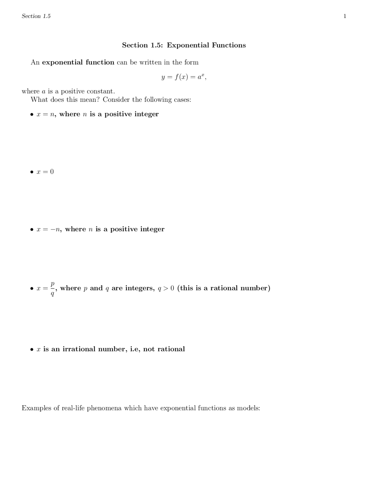 Exponential Function Lecture Notes Of Calculus I Math 1125 Docsity