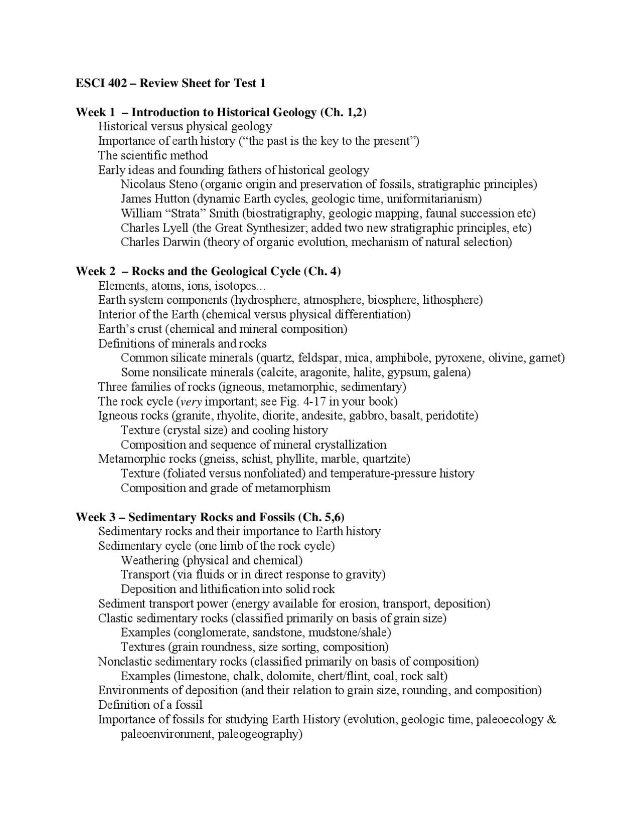 Review Sheet for Test 1 - Earth History | ESCI 402 - Docsity