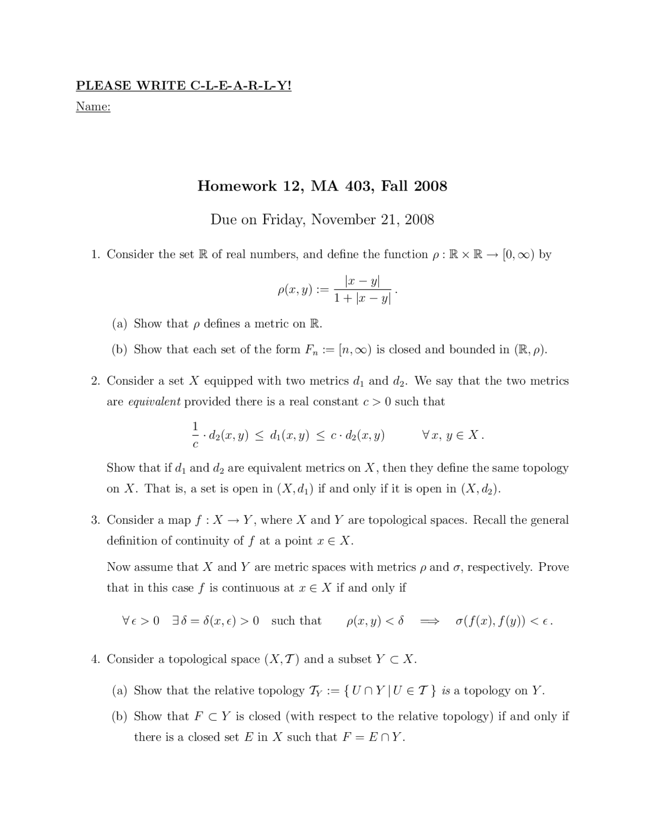 Homework 12 for Classical Analysis I | MATH 403 - Docsity