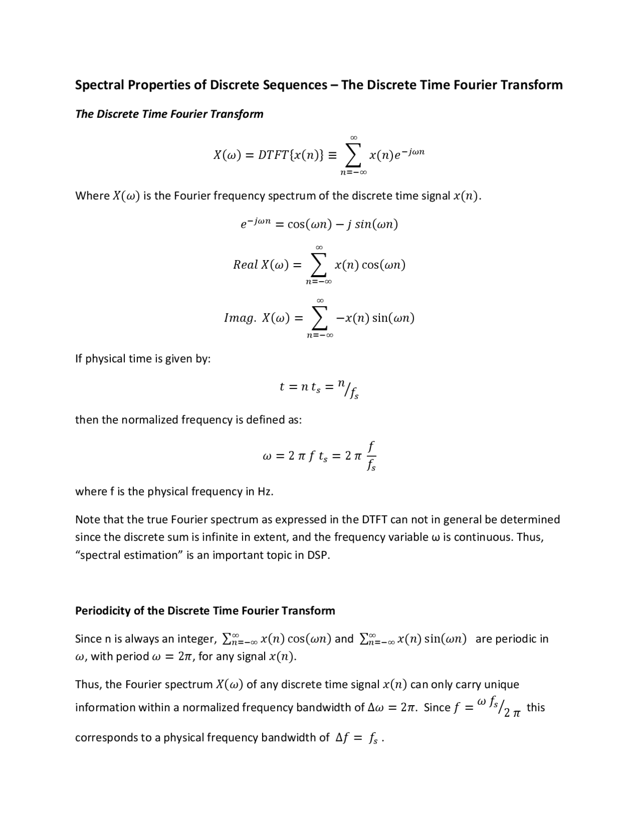 Spectral Properties Of Discrete Sequences The Discrete Time Fourier