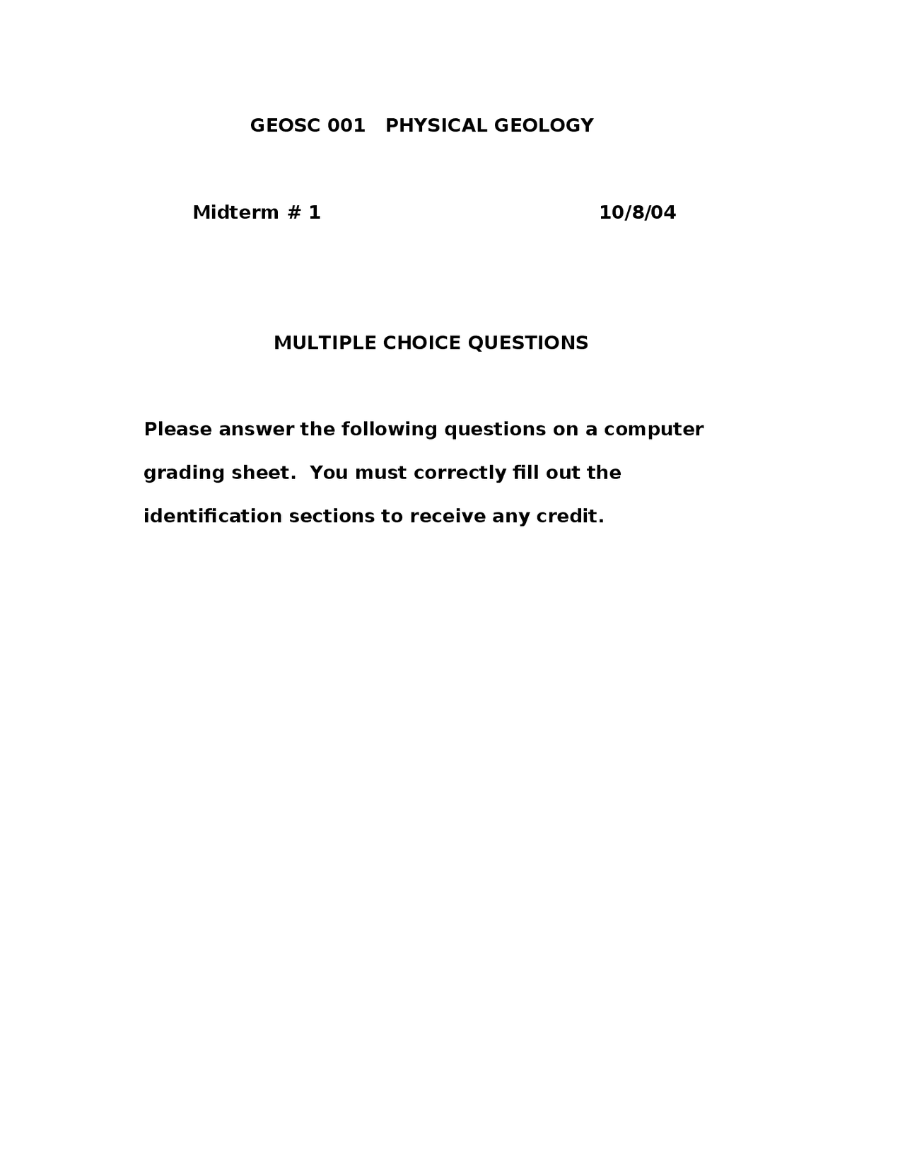 Exam 1 With Multiple Choice Questions Physical Geology Geosc 001