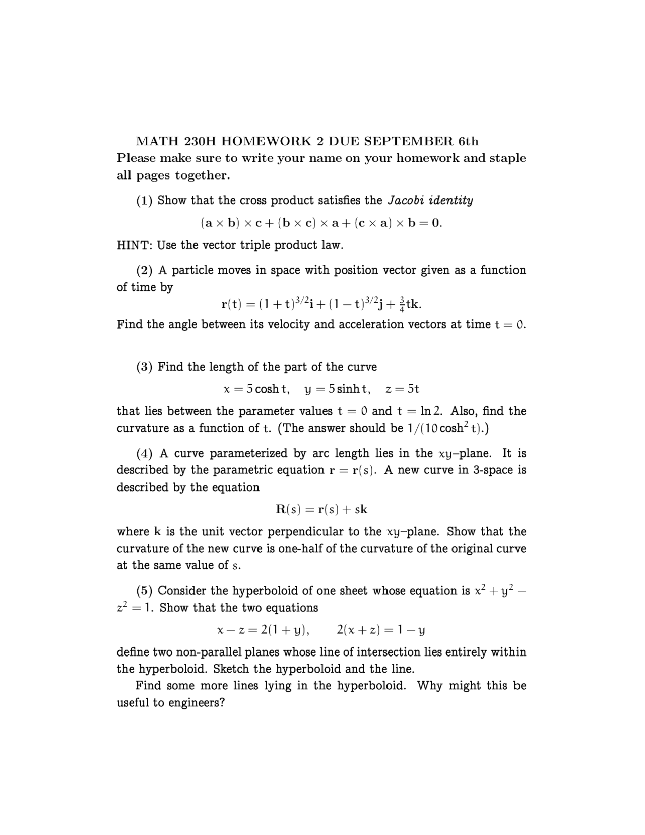 Homework Ii Questions On Calculus And Vector Analysis Math 230 Docsity