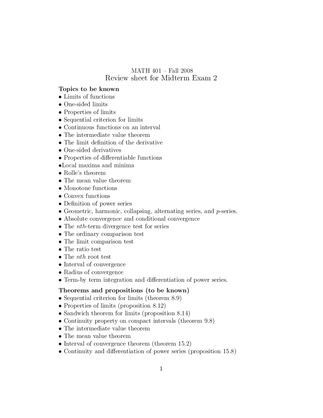 Limits Of Functions In Midterm Exam 2 Review Sheet Math 401 Docsity