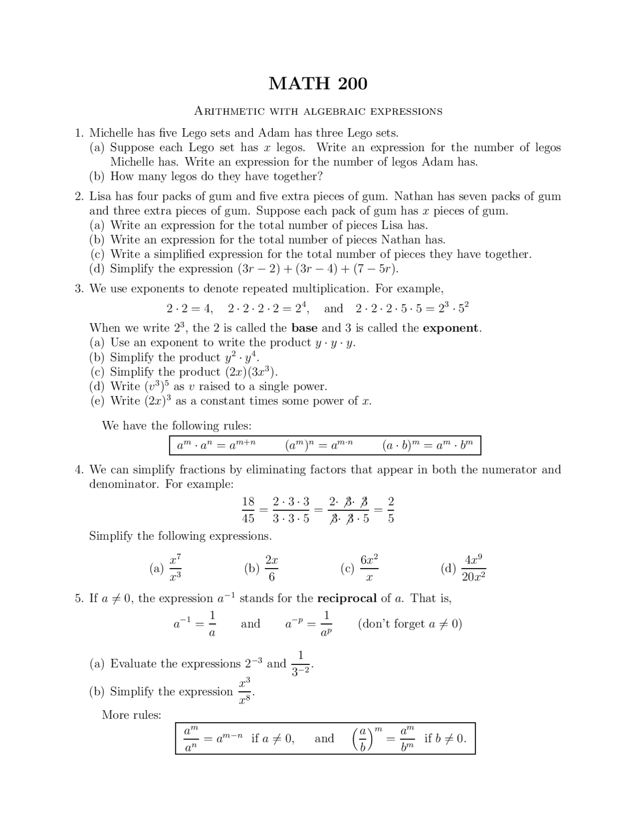 Arithmetic With Algebraic Expressions Problem Set 1 Math 200 Docsity