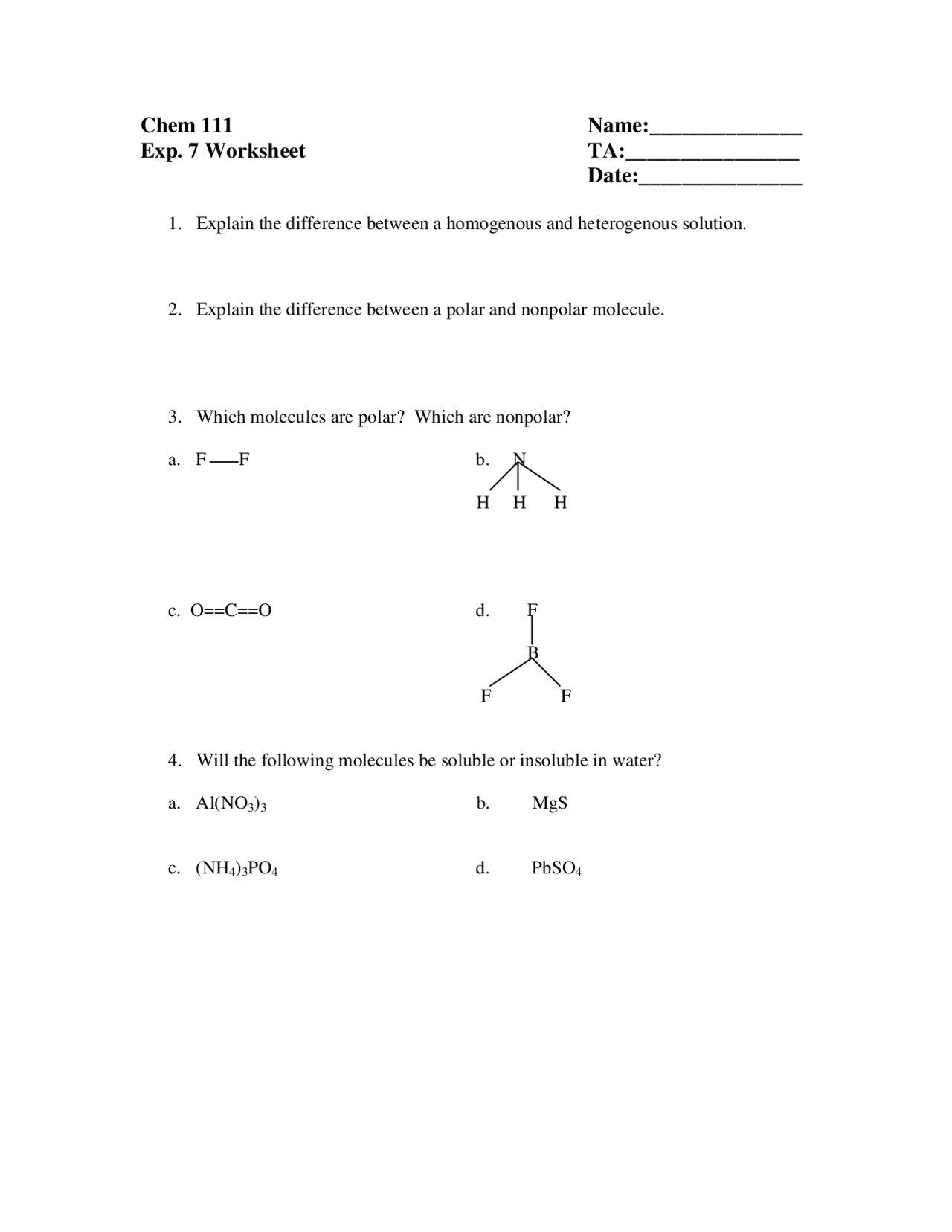 Experiment 7 Solution Experimental Chemistry I Chem 111 Docsity
