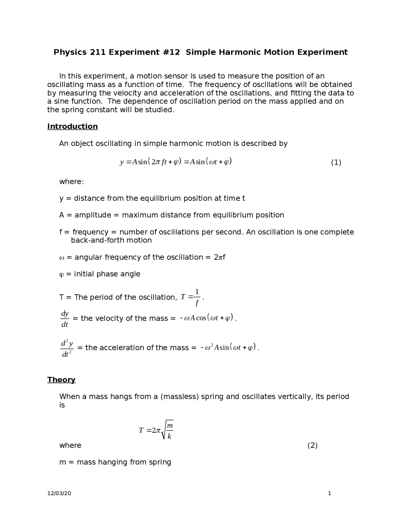 Simple Harmonic Motion - Experiment 12 | PHYS 211 | Lab Reports Physics ...