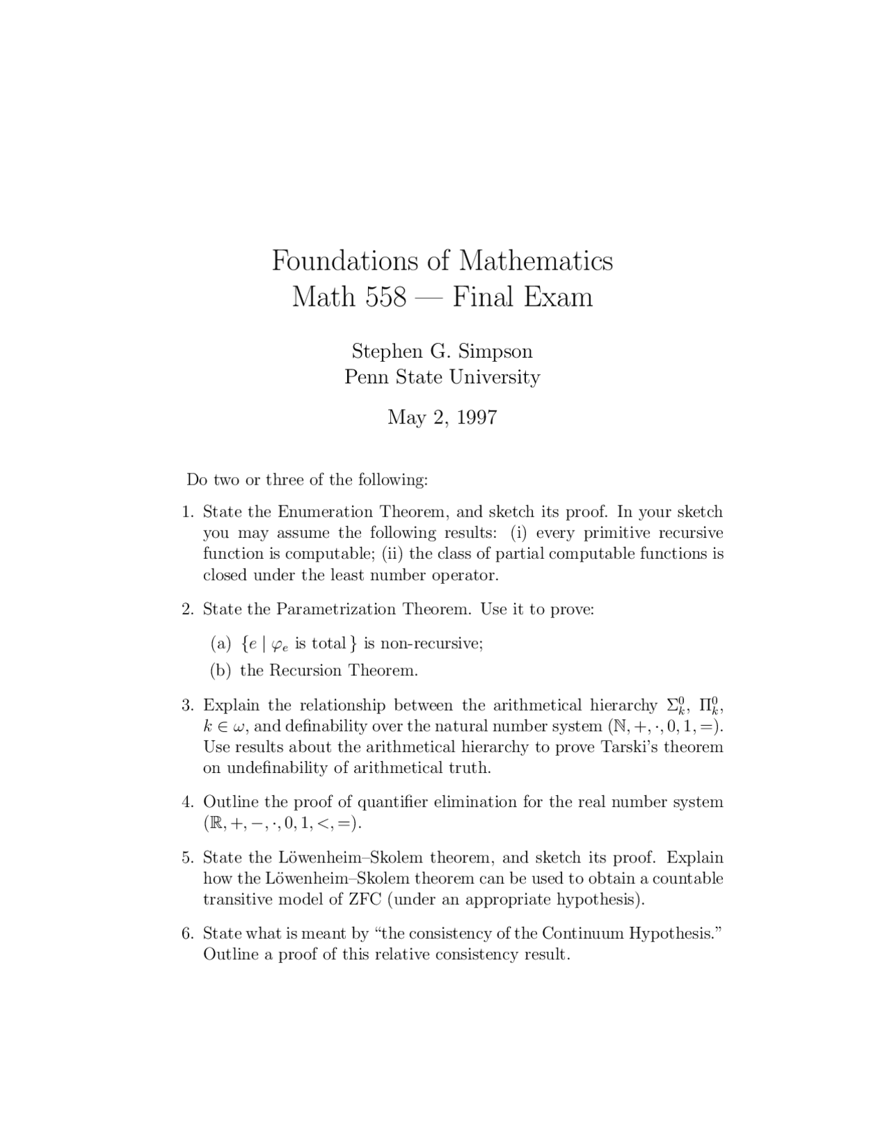 Final Exam Questions - Foundations of Mathematics I | MATH 558 - Docsity